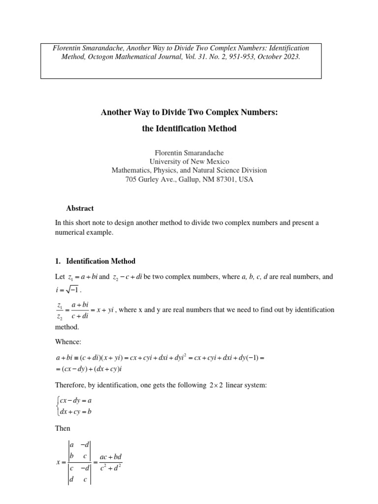 Another Way to Divide Two Complex Numbers: Identification Method ... Another Way to Divide Two Complex Numbers: Identification Method ...