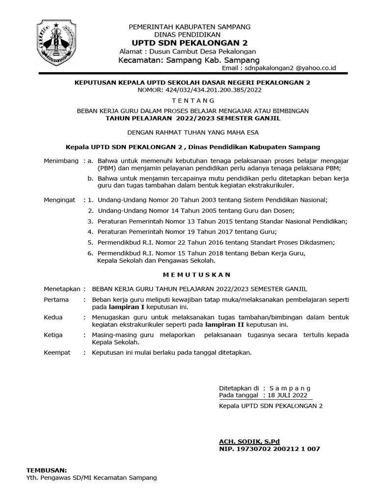 SK Beban Mengajar 20222023 SMTR 1 Pakalongan | PDF