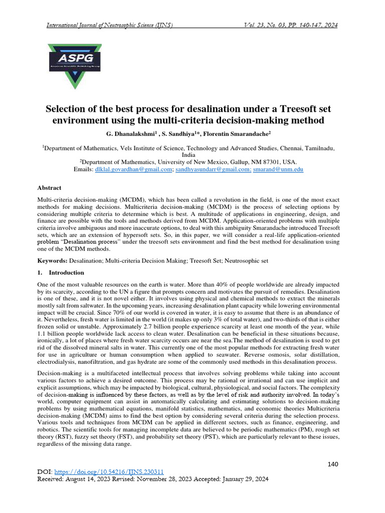 Selection of The Best Process For Desalination Under A Treesoft Set ...