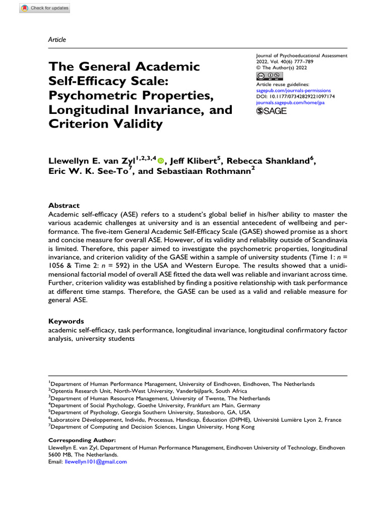 Van Zyl Et Al 2022 The General Academic Self Efficacy Scale Psychometric Properties Longitudinal ...