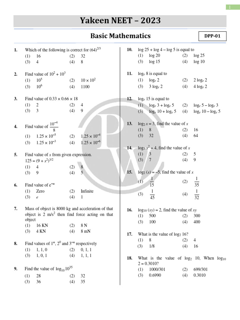Basic Mathematics: DPP 01 | PDF | Mathematics | Physics