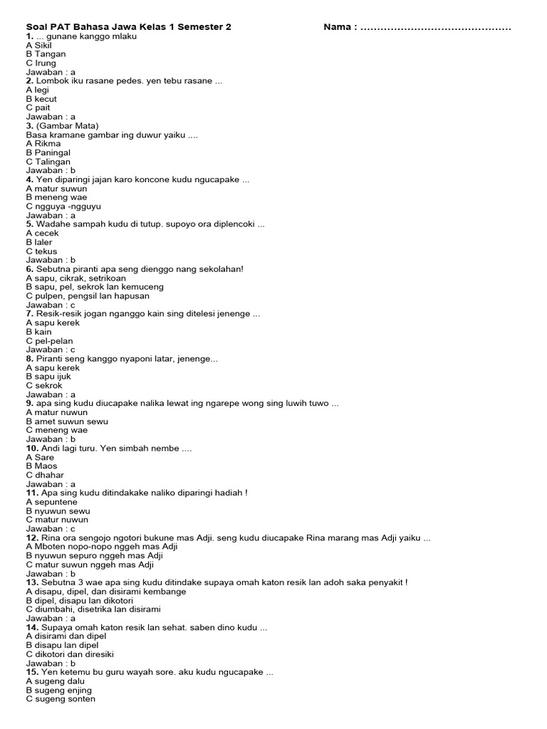 30 Soal PAT Bahasa Jawa Kelas 1 Semester 2 | PDF