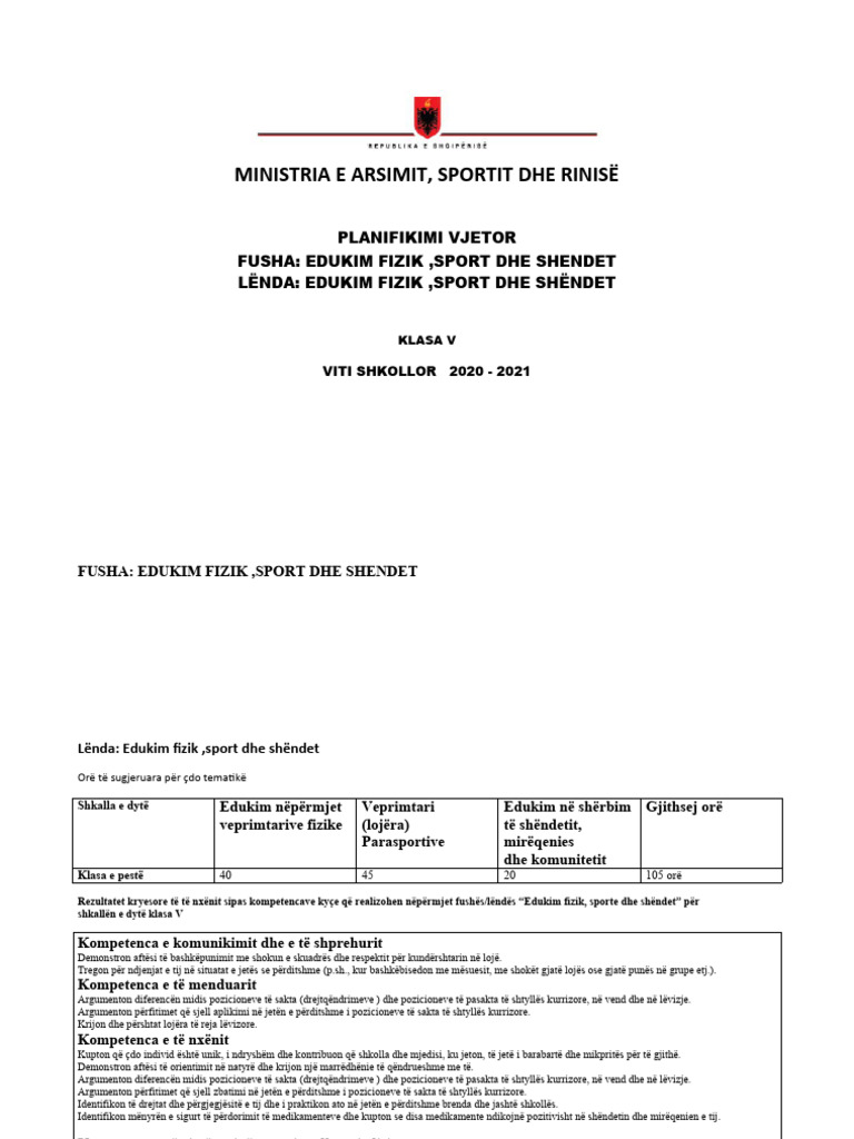 Edukim-Fizik-Sport-dhe-Shendet-5-Plani-mesimor-2020-2021 | PDF