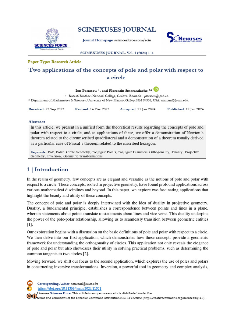 Two applications of the concepts of pole and polar with respect to a ...