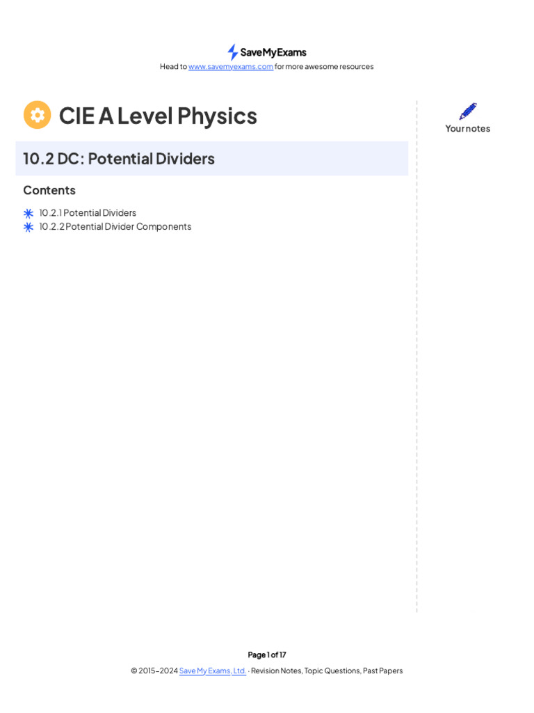 CIE A Level Physics: Potential Dividers | PDF | Electrical Resistance ...
