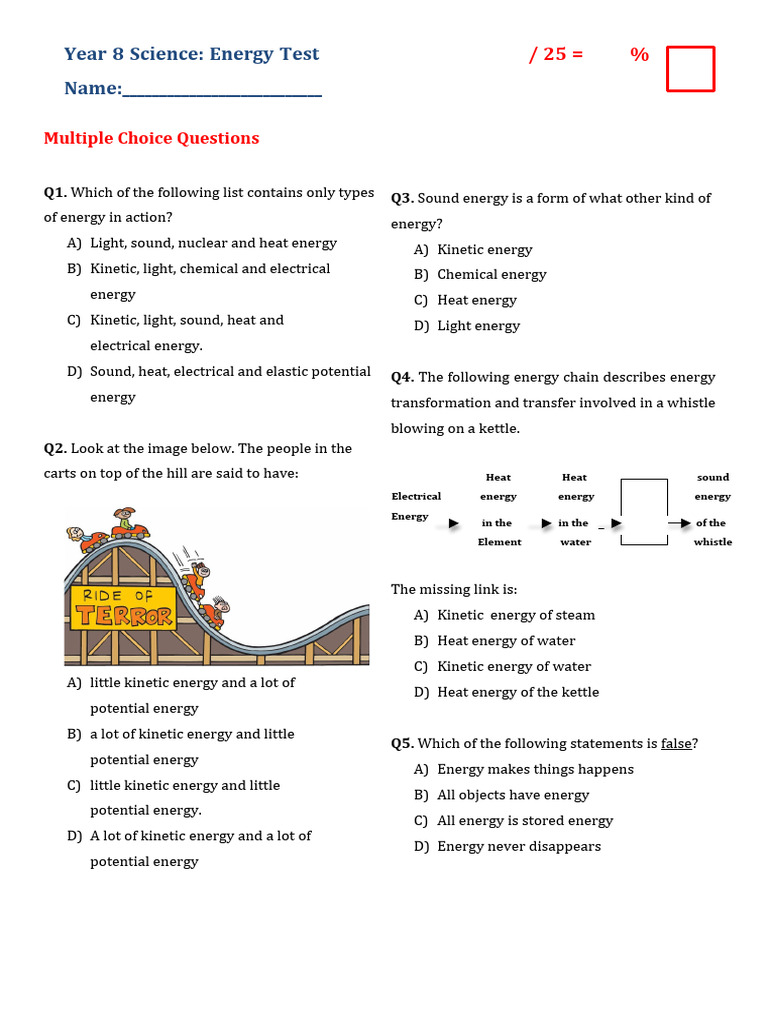 Kinetic Energy Vs Potential Energy Test Review Quiz Kinetic Energy