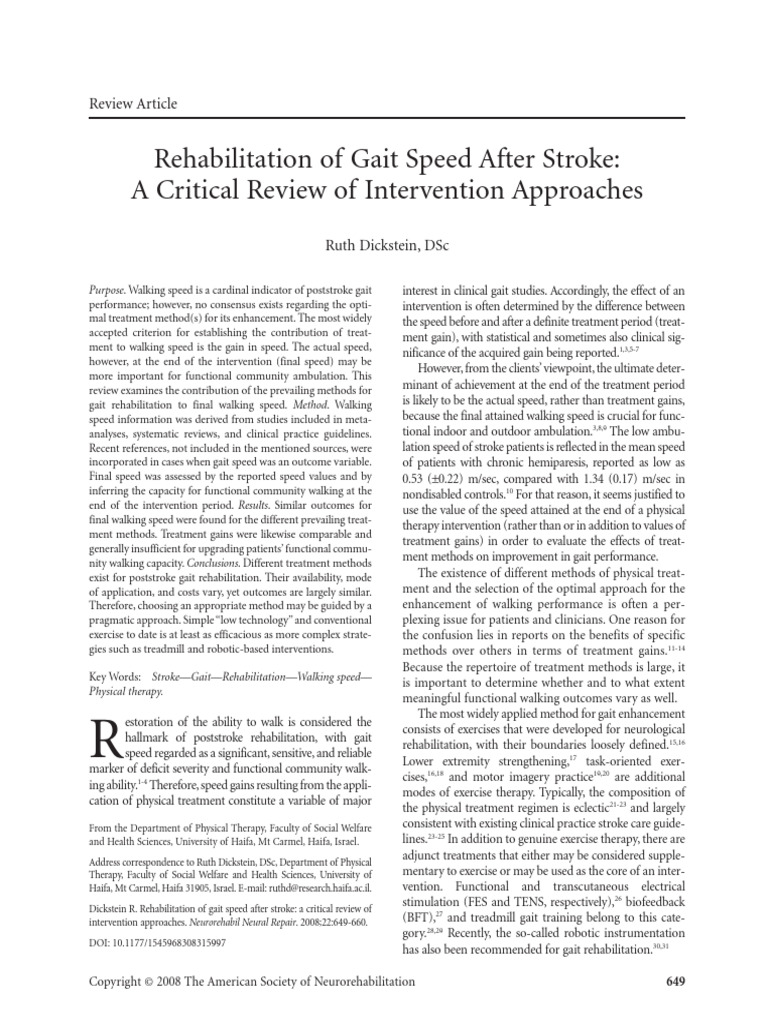Dickstein 2008 Rehabilitation of Gait Speed After Stroke A Critical ...