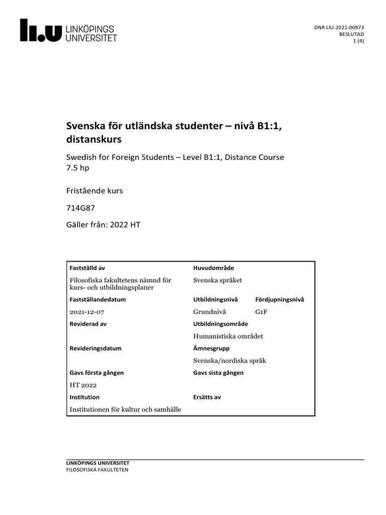 Kursplan Svenska För Utländska Studenter - Nivå B1 - 1, Distanskurs | PDF