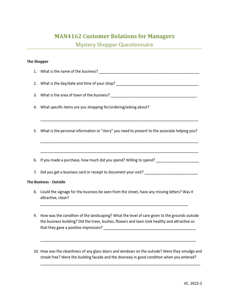 Mystery Shopper Questionnaire Template | PDF