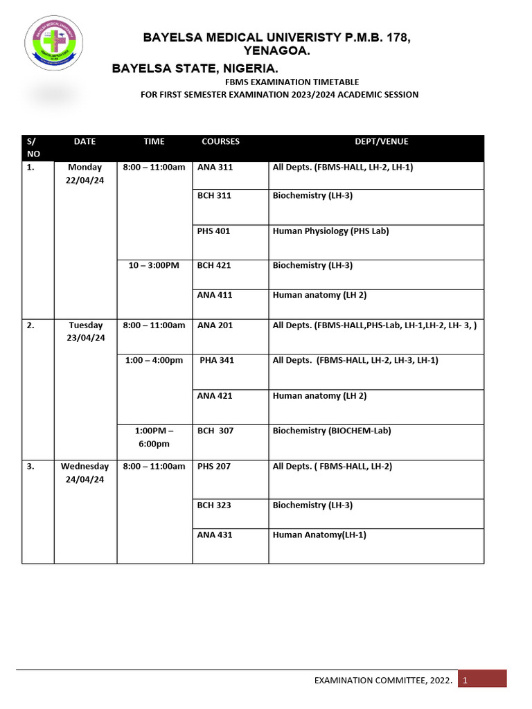 FBMS 1st SEMESTER EXAM TIMETABLE 2024 mai | PDF | Higher Education | Biology