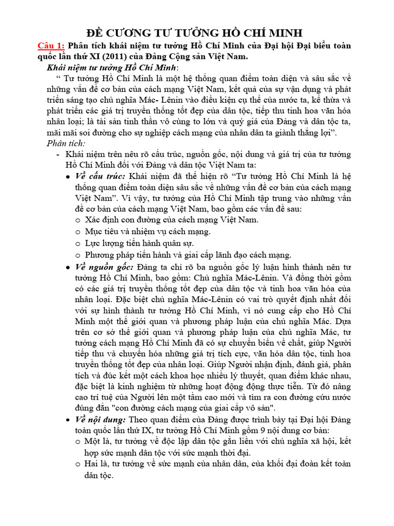Đề Cương Tư Tưởng Hồ Chí Minh 1 | PDF