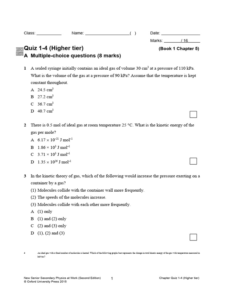 Ideal Gas Quiz and Solutions | PDF | Gases | Temperature
