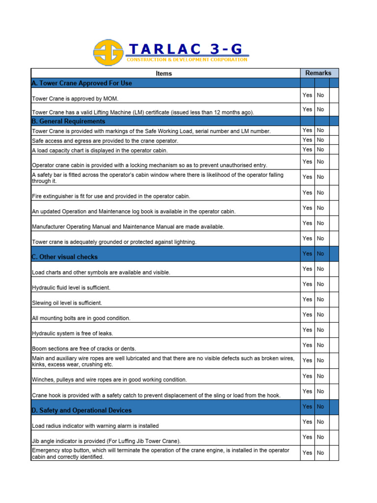 Tower Crane Checklist | PDF | Crane (Machine) | Manufactured Goods