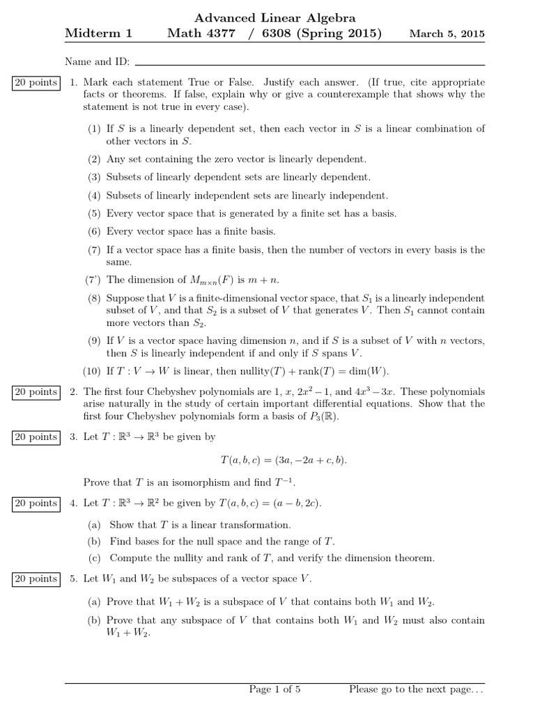 Advanced Linear Algebra Midterm Exam | PDF | Vector Space | Basis ...