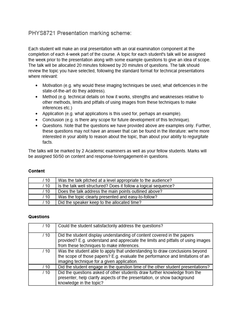 Presentation Information Marking Scheme | PDF | Phase (Waves) | Optics