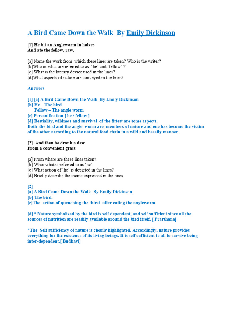 A Bird Came Down The Walk - Emily Dickinson | PDF | Zoology
