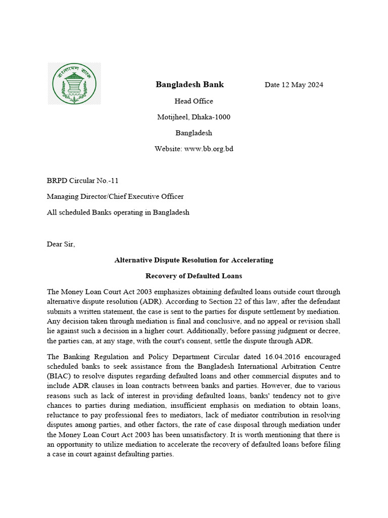 Bangladesh Bank Circular | PDF | Alternative Dispute Resolution | Mediation