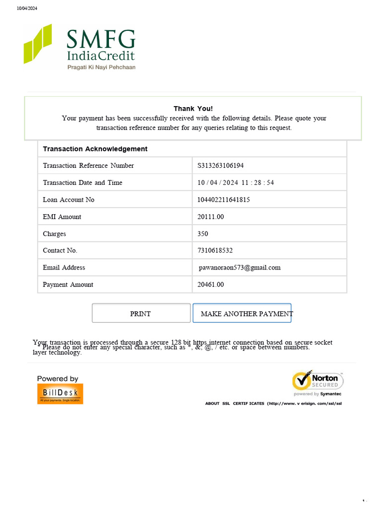 Receipt 331530498 SMFG Loan EMI Bill Payments Billdesk2 | PDF