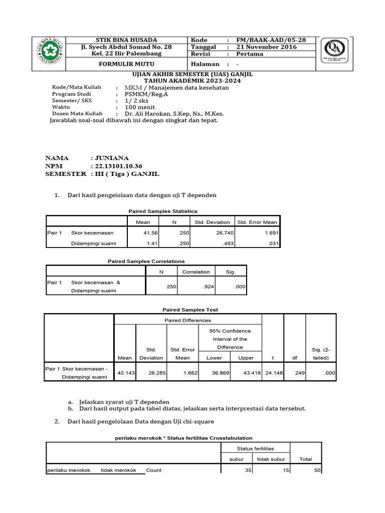 JUNIANA Jawaban UAS MANAJEMEN DATA - Pak ALI Harokan - SMT 3 AKK 2 - NPM 22.13101.10.36 | PDF
