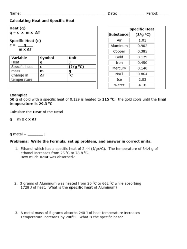 Specific Heat Calculation Practice | PDF | Heat | Water