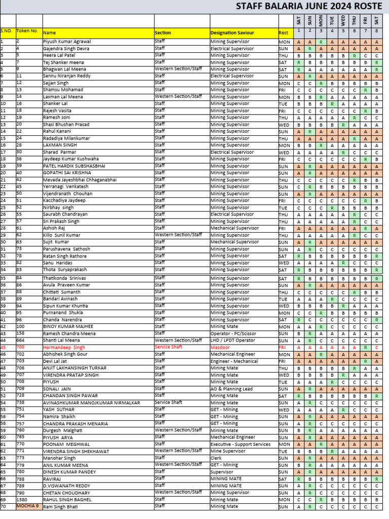 June 2024 Staff Roster for Mining | PDF