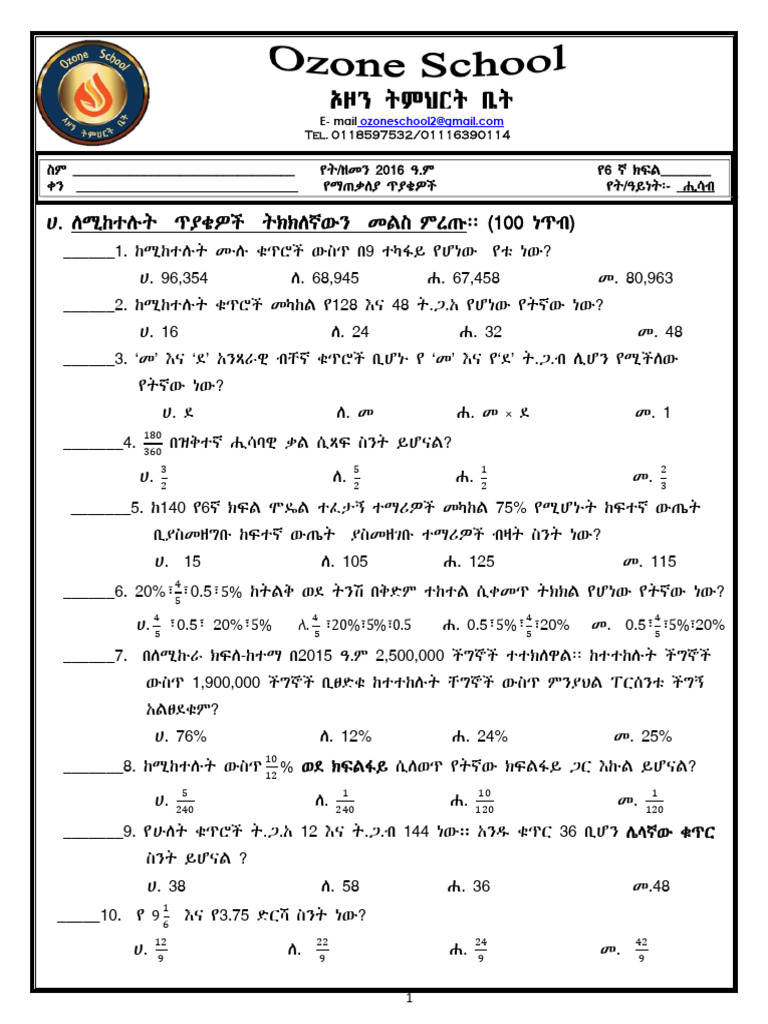 Grade 6 Hisab 100 Questions | PDF