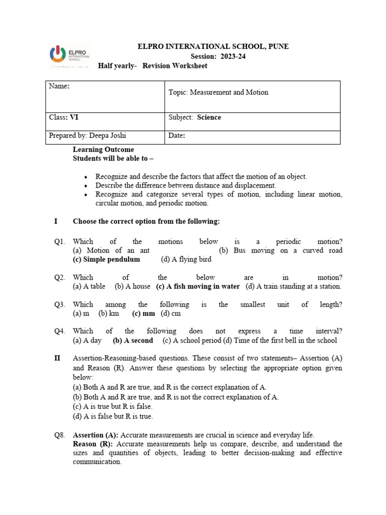 RW - VI - Science - Measurement and Motion - HYE - 2023-24 | PDF | Metre | Length