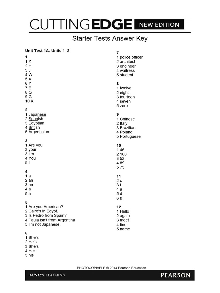 Cutting Edge Beginner Tests - Key | PDF