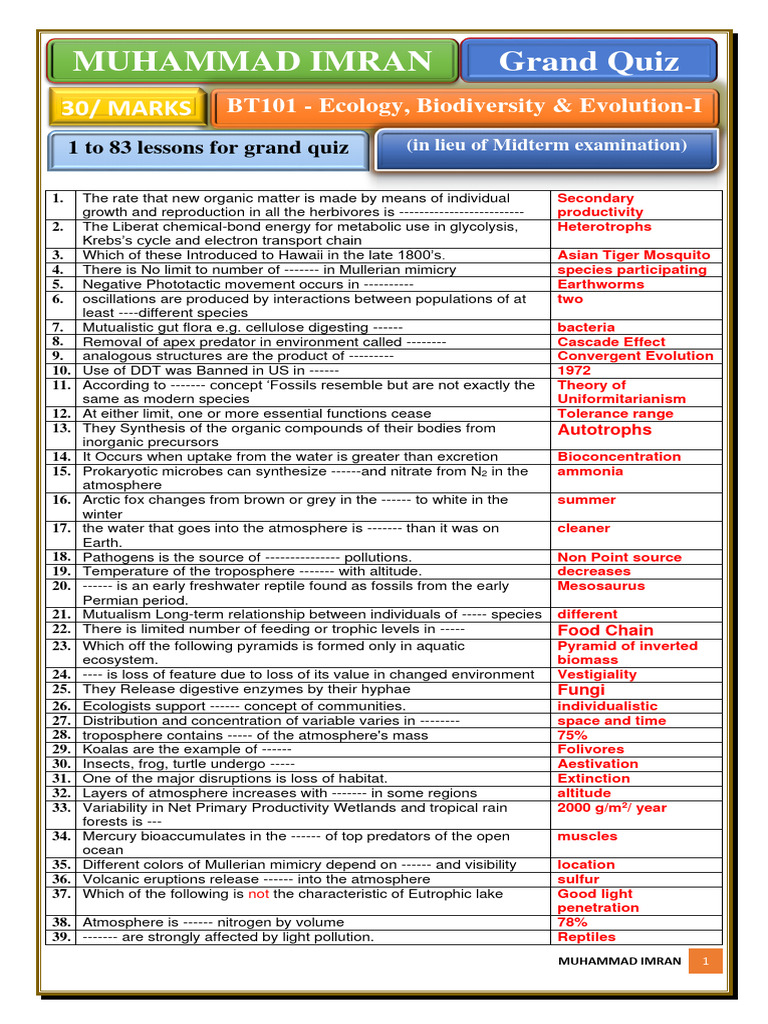 BT101 - Ecology, Biodiversity & Evolution-I (GRAND QUIZ ) 170 MCQ ... BT101 - Ecology, Biodiversity & Evolution-I (GRAND QUIZ ) 170 MCQ ...
