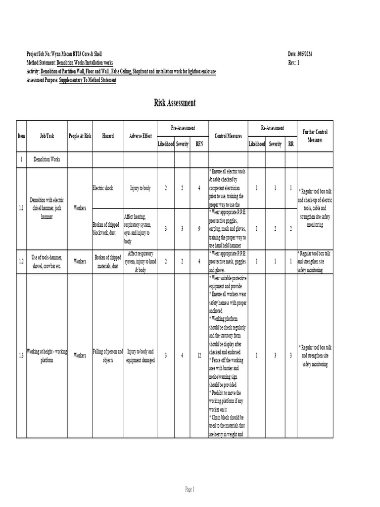 Risk Assessment of Demolition Works RT03 Core Shell R1 | PDF | Personal ...