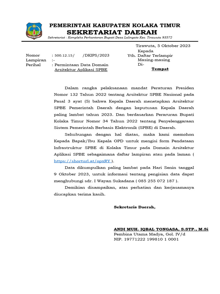 Permohonan Data Domain Arsitektur Aplikasi SPBE Kolaka Timur | PDF
