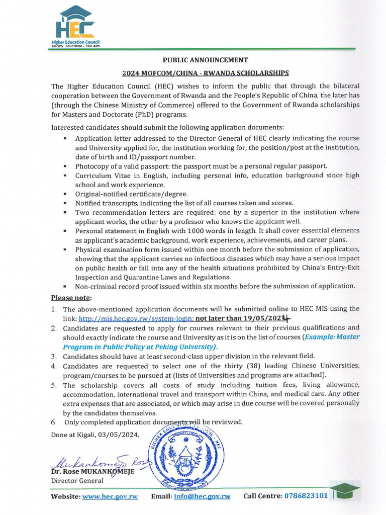 2024 Mofcom China - Rwanda Scholarships | PDF