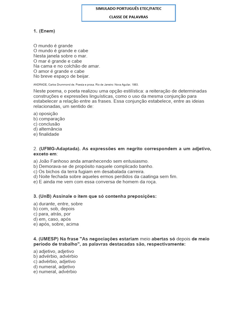 Simulado Classe Gramatical Maio 2024 | PDF | Pronome | Tipologia ...