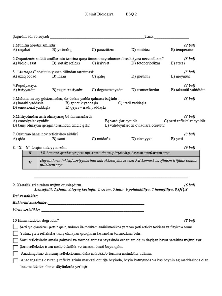BSQ 2 Biologiya IX Sinif.. Variant B | PDF