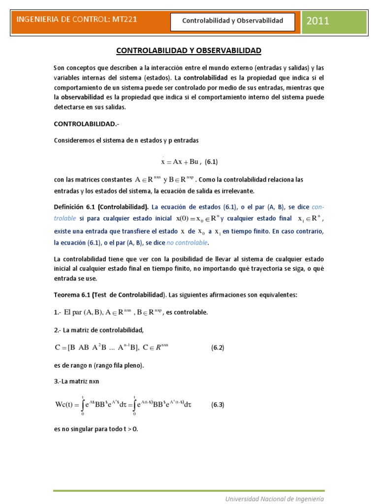 Controlabilidad y Observabilidad | PDF | Matriz (Matemáticas) | Condensador