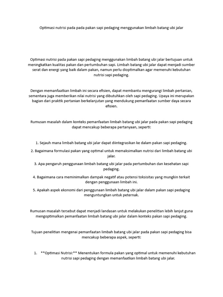 Optimasi Nutrisi Pada Pakan Sapi Pedaging Menggunakan Limbah Batang Ubi Jalar | PDF