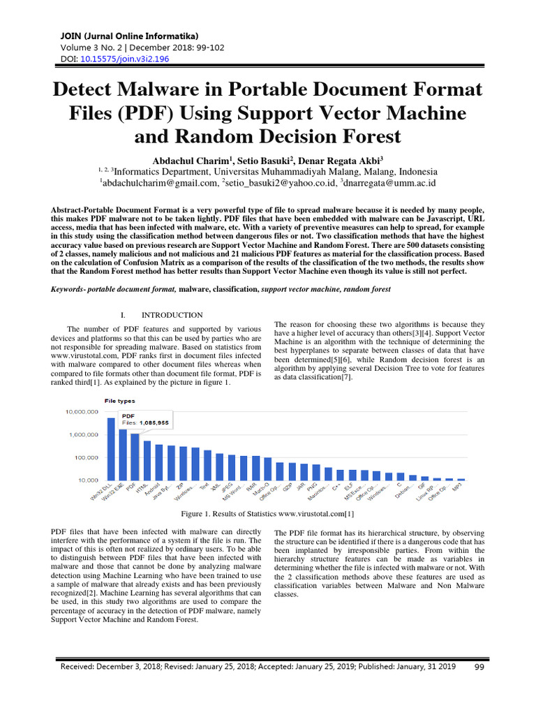 Detect Malware in Portable Document Format Files (PDF) Using Support Vector Machine and Random ...