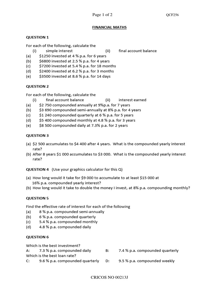 Financial Maths Exercises | PDF | Present Value | Interest