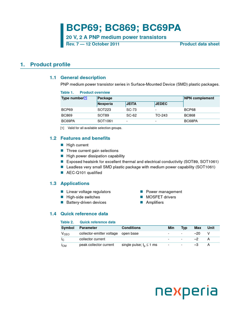 BCP69 Series PNP Transistor Overview | PDF | Bipolar Junction ...