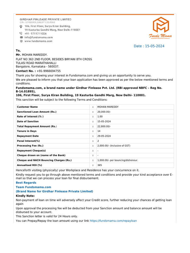 sanction_letter | Download Free PDF | Credit | Finance & Money Management