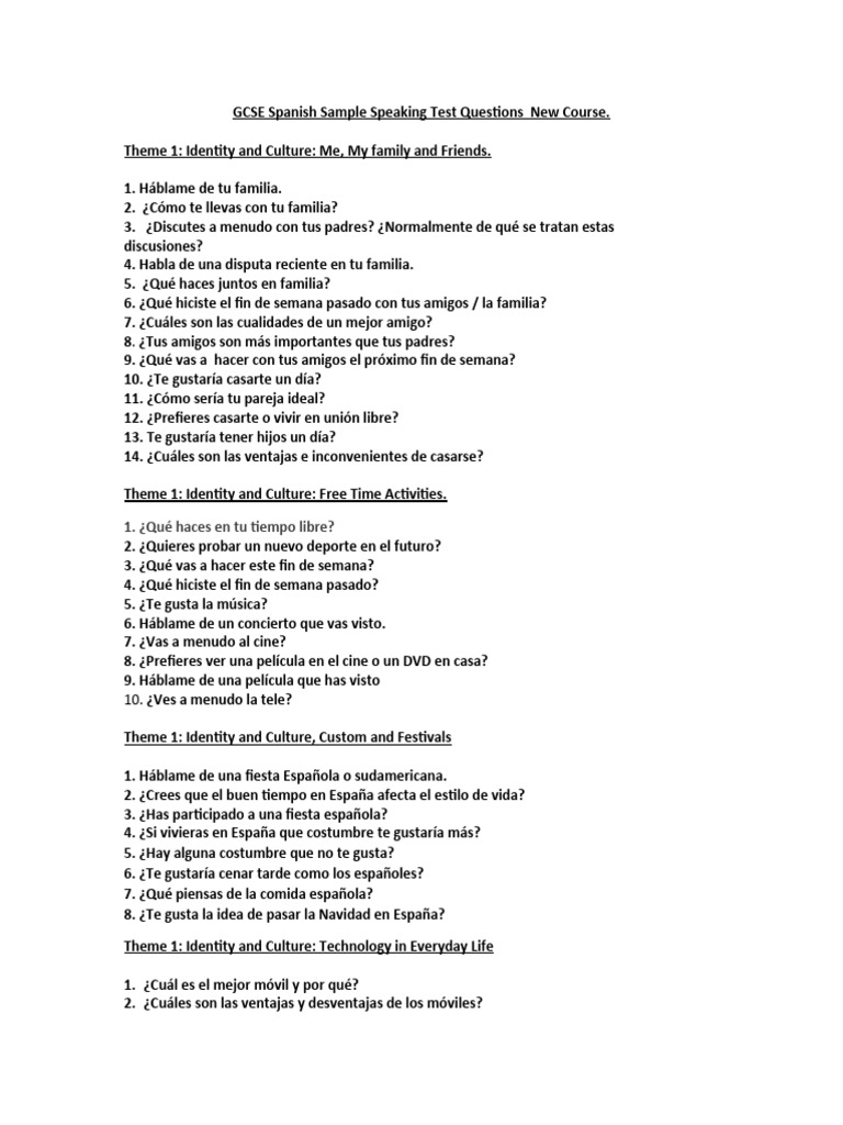 GCSE Spanish Sample Speaking Test Questions | PDF