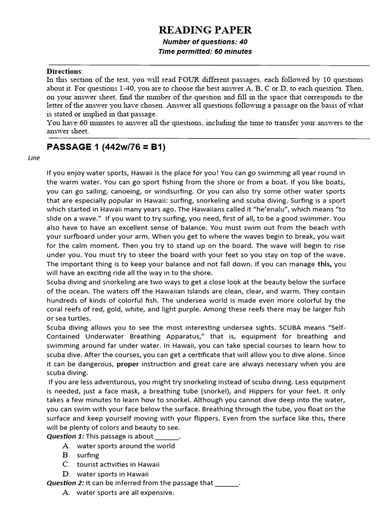 Reading Paper Test Students | PDF | Snorkeling | Scuba Diving