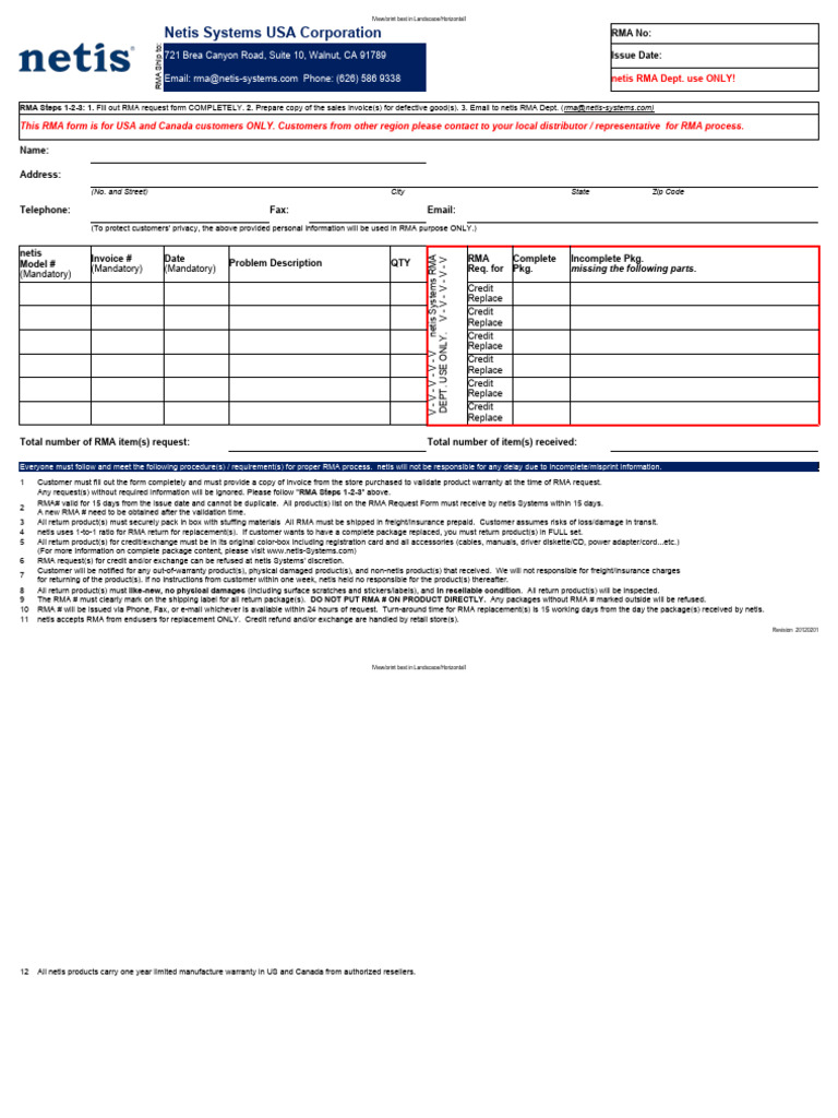 Netis RMA Request Form V3 | PDF Netis RMA Request Form V3 | PDF