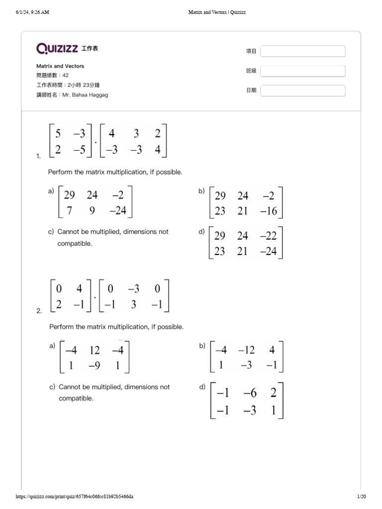 Matrix and Vectors - Quizizz | Download Free PDF | Matrix (Mathematics) | Euclidean Vector