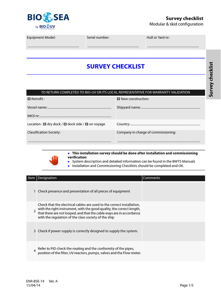 ENR-BSE-14 (Ver.A) - Survey Checklist | Download Free PDF | Valve ...