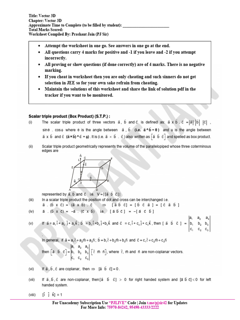 Worksheet - 4 Scalar & Vector Triple Product | PDF | Mathematical ...
