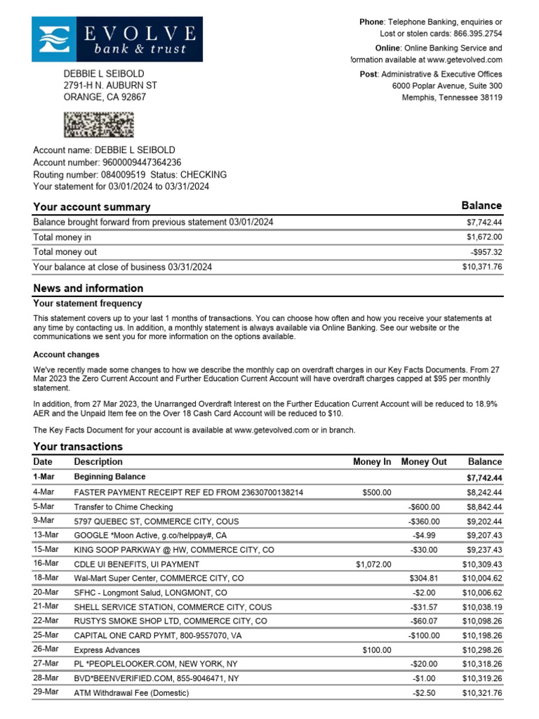 Evolve Bank & Trust Bank Statement | PDF | Transaction Account | Overdraft
