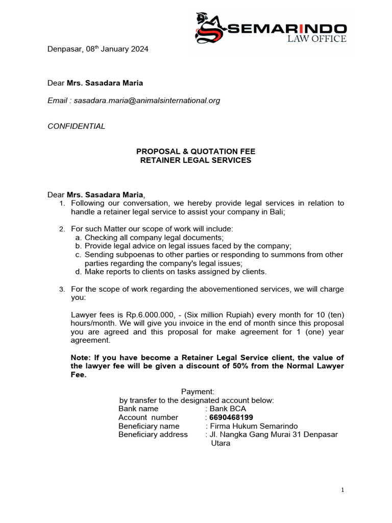 Retainer Legal Services Proposal for Sasadara | PDF | Lawyer | Common Law