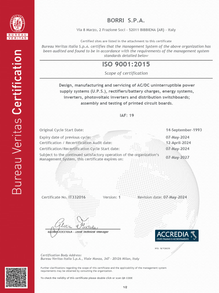 Certificate It332016 Borri S.P.A Iso 9001 Ver.1 Eng | PDF | Power Inverter | Iso 9000