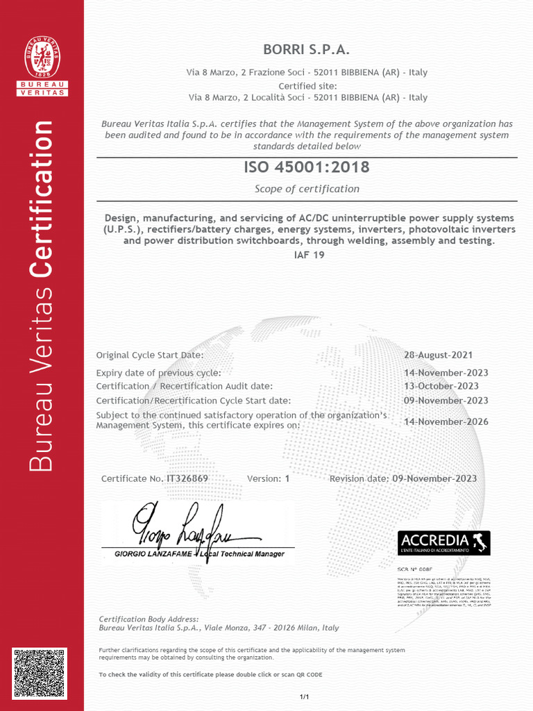 Certificate It326869 Borri S.P.A Iso45001 Rev1 Eng | PDF